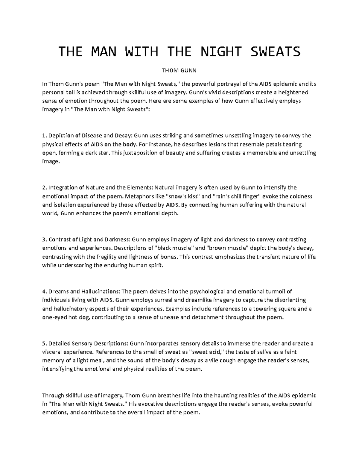 eng lit man with night sweats - THE MAN WITH THE NIGHT SWEATS THOM GUNN ...
