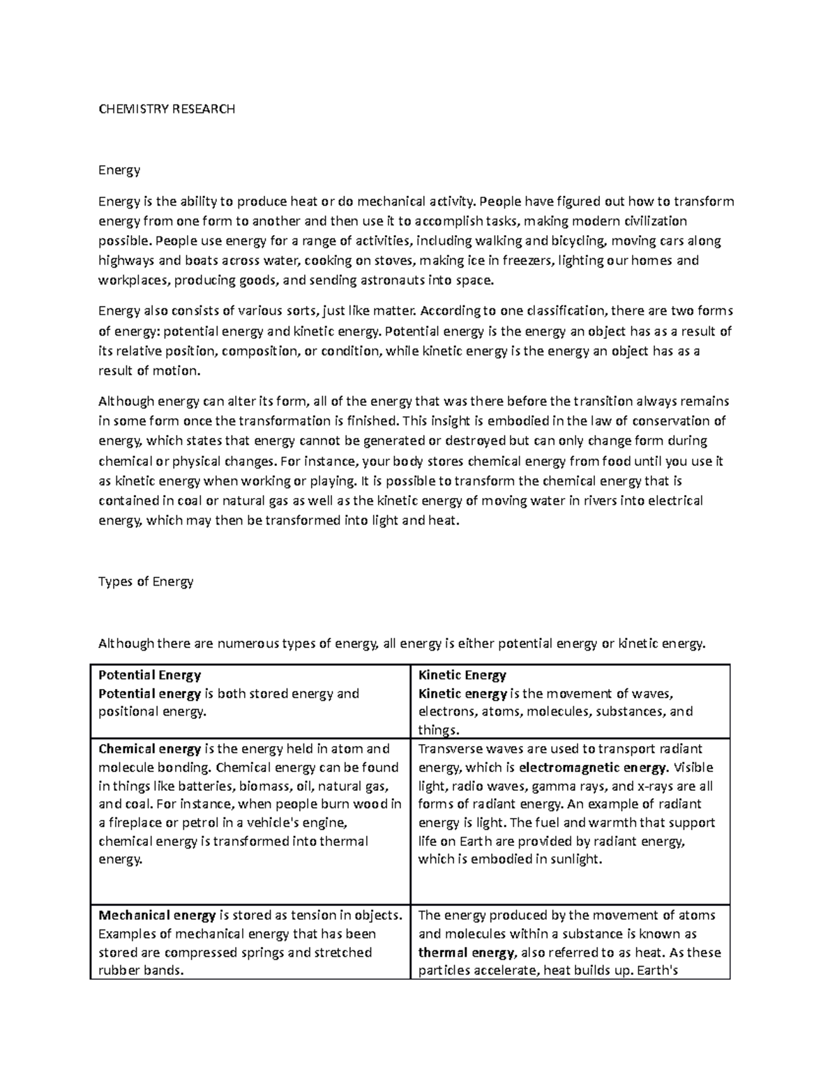 Chemistry Research - Energy, types of energy, fuels, types of fuels ...