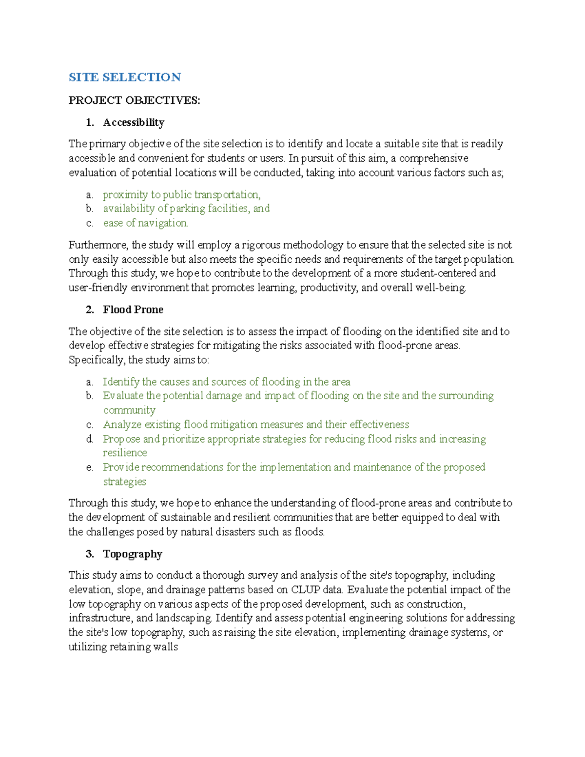 SITE- Selection - SITE SELECTION PROJECT OBJECTIVES: Accessibility The ...