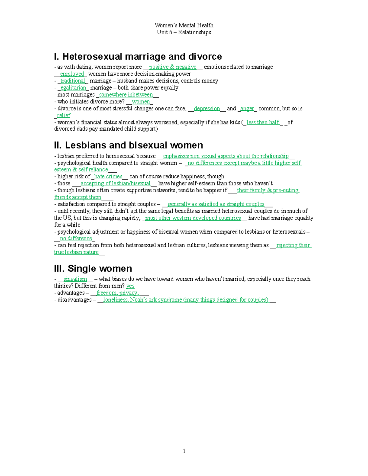 Unit 6 Notes - Women’s Mental Health Unit 6 – Relationships I ...