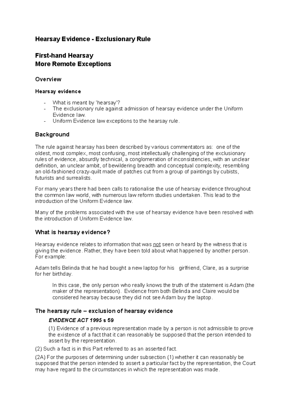 Evidence lecture 6 - Hearsay Evidence - Exclusionary Rule First-hand ...