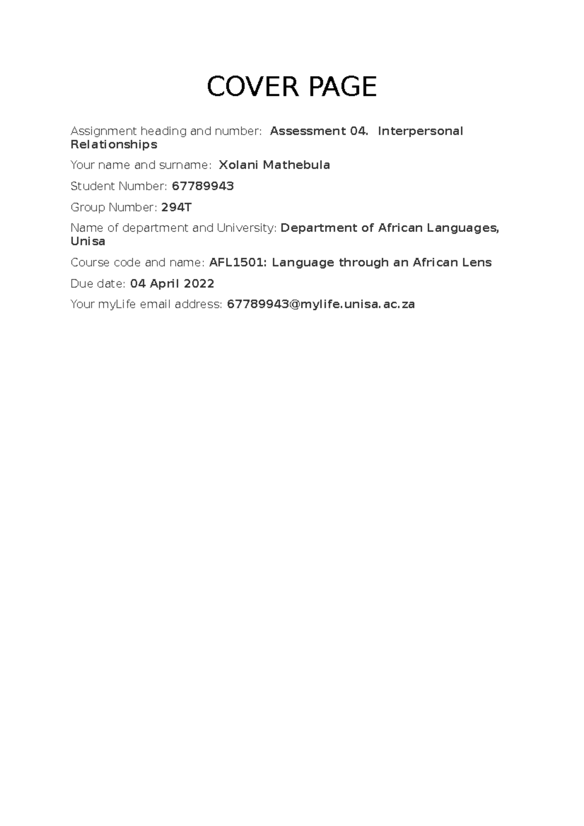 Afl1501 2022 FIRST ASSIGMENT - COVER PAGE Assignment heading and number: Assessment 04. - Studocu