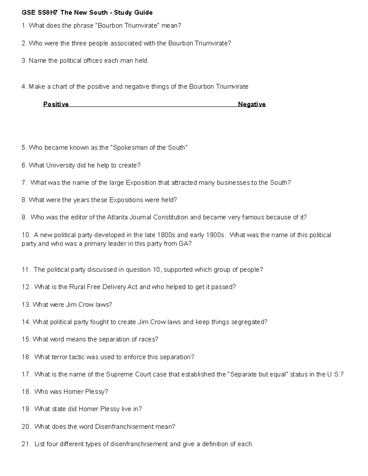 GSE SS8H7 - Study Guide-1 - GSE SS8H7 The New South - Study Guide What ...