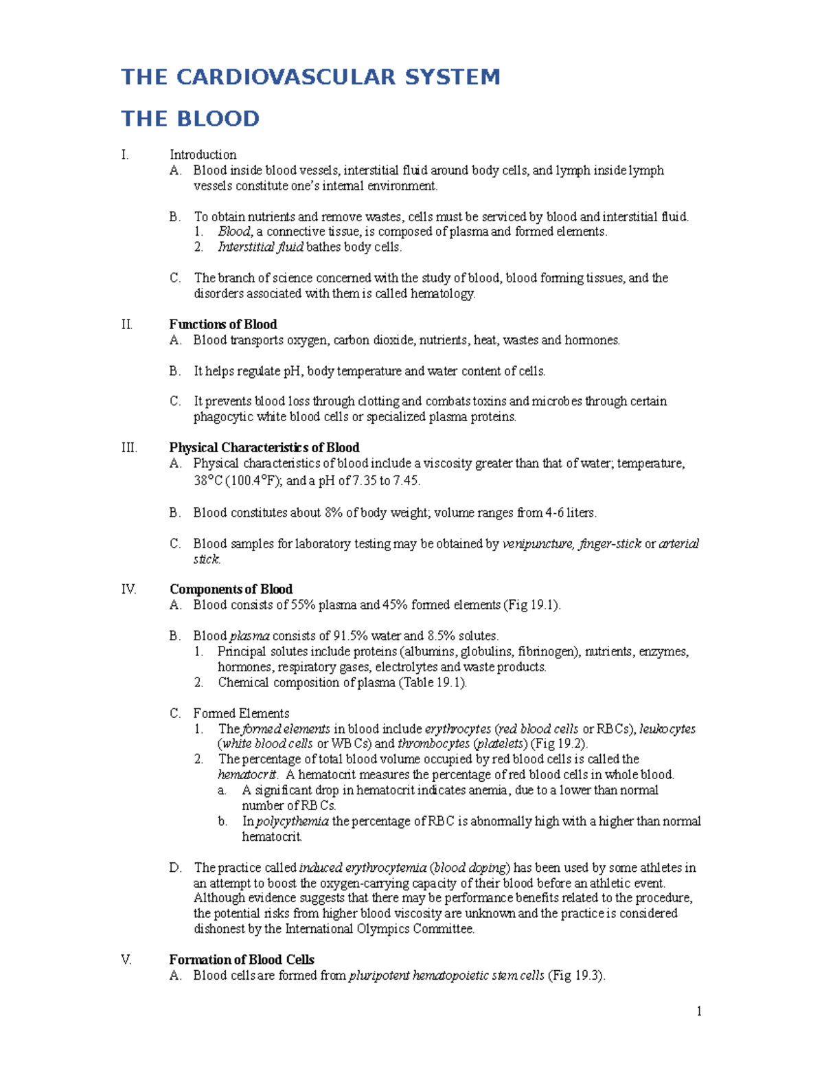 CH 19 The Blood - outline notes - THE CARDIOVASCULAR SYSTEM THE BLOOD I ...
