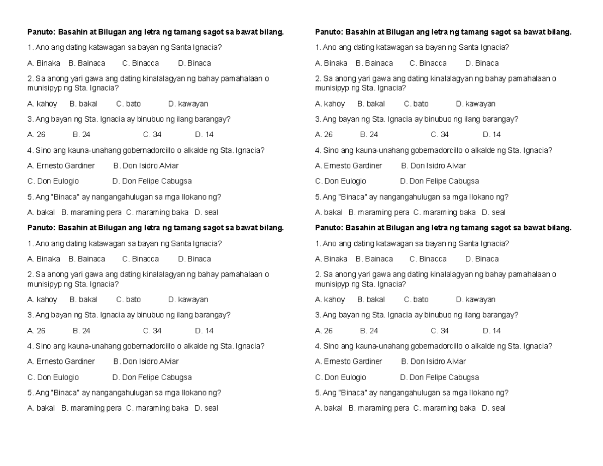 Exam-g3 - Sjjdfjj - Panuto: Basahin at Bilugan ang letra ng tamang ...