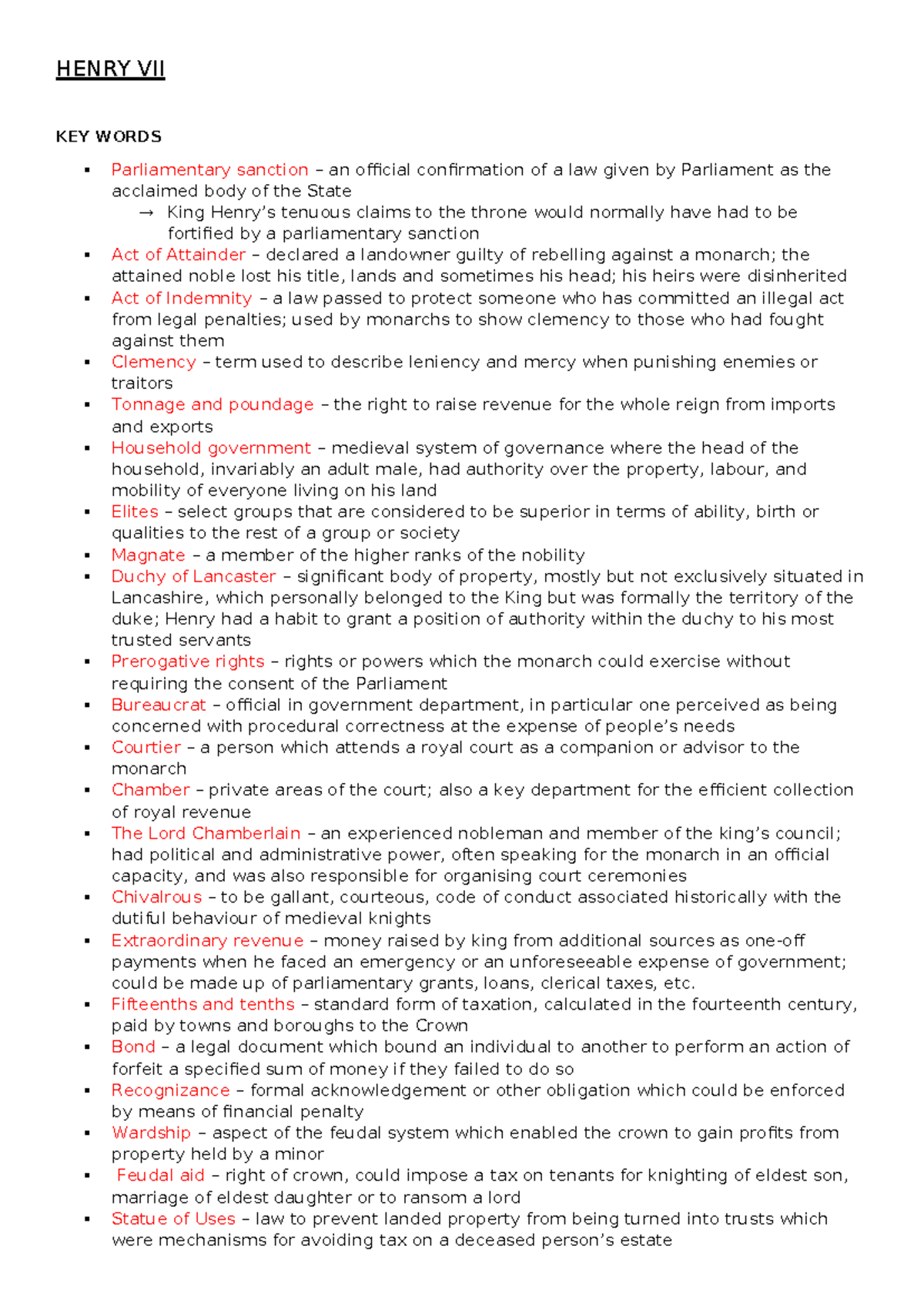 Key definitions - henry vii - HENRY VII KEY WORDS Parliamentary ...