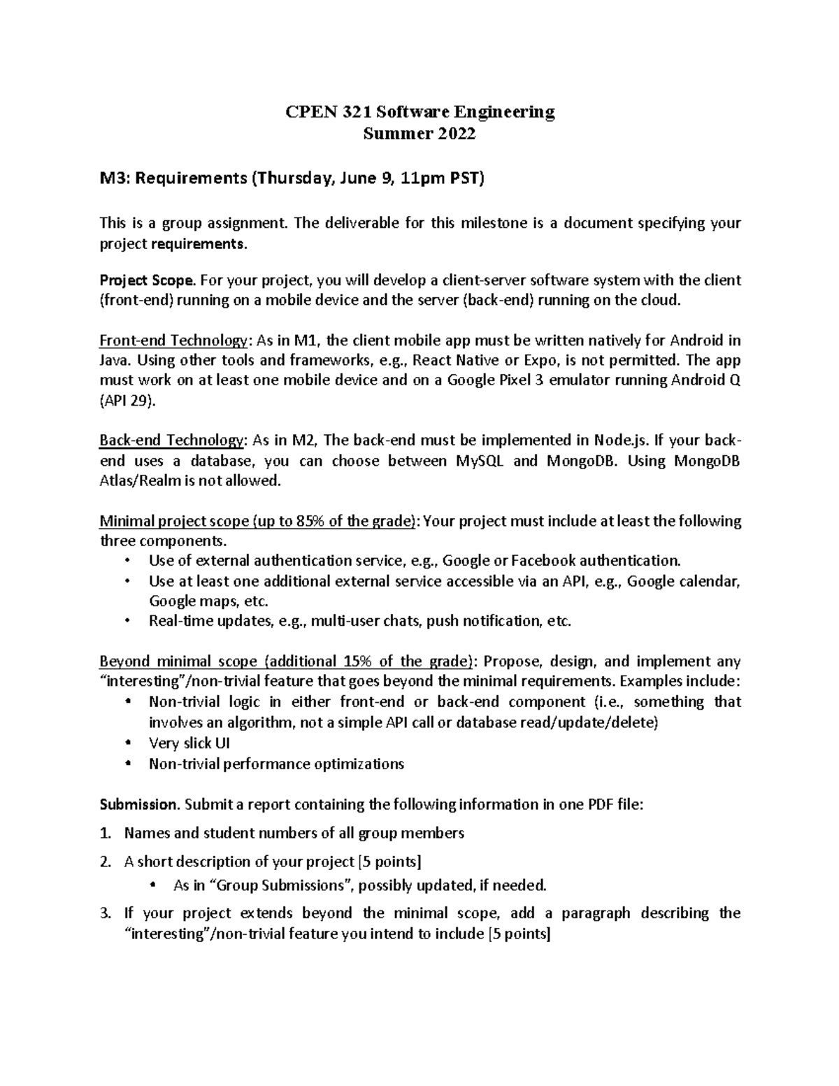 M3 Requirements - 1111 - CPEN 321 Software Engineering Summer 2022 M3 ...