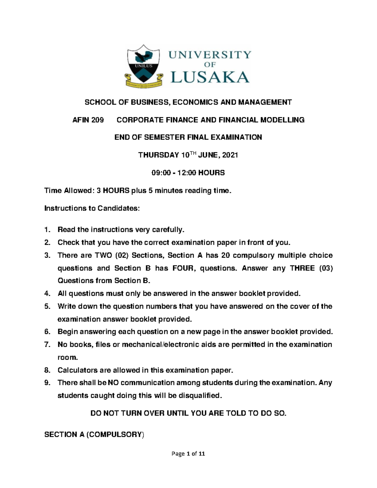 AFIN209 2021 semester 1 Final exam - SCHOOL OF BUSINESS, ECONOMICS AND ...
