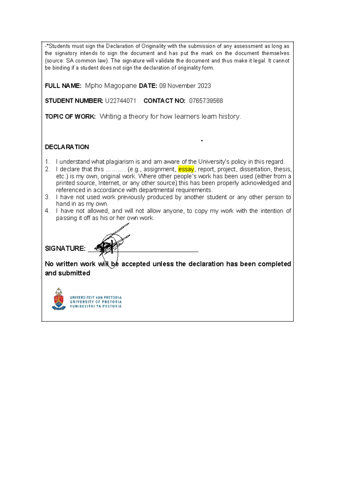 Mpho mpho mpho 2 - OP-ED Assignment -*Students must sign the ...