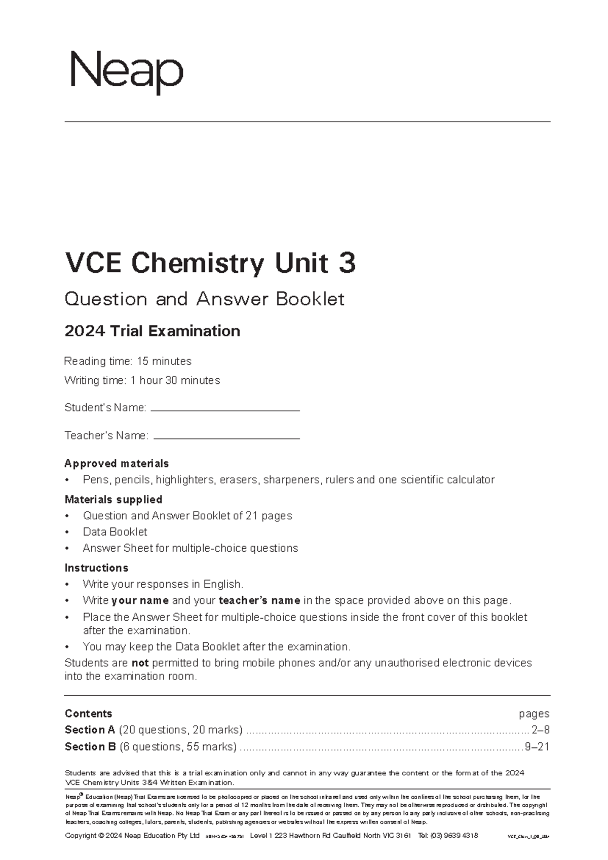 VCE Chemistry Unit 3 Question and Answer Booklet 2024 - Question and ...
