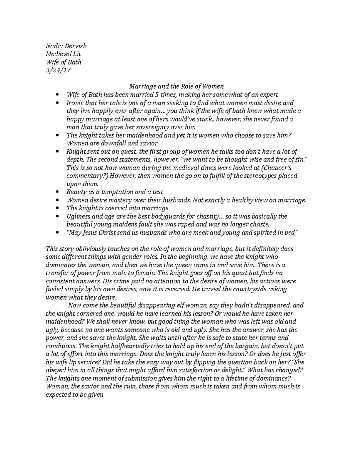 CT Notes #1 - Nadia Dervish Medieval Lit Wife of Bath 3/24/ Marriage ...