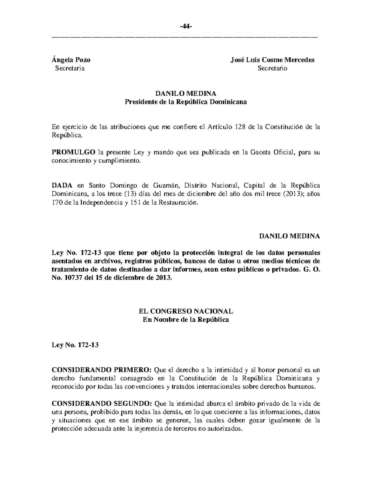 Ley 172 13 sobre proteccion de datos personales de fecha 13 de ...