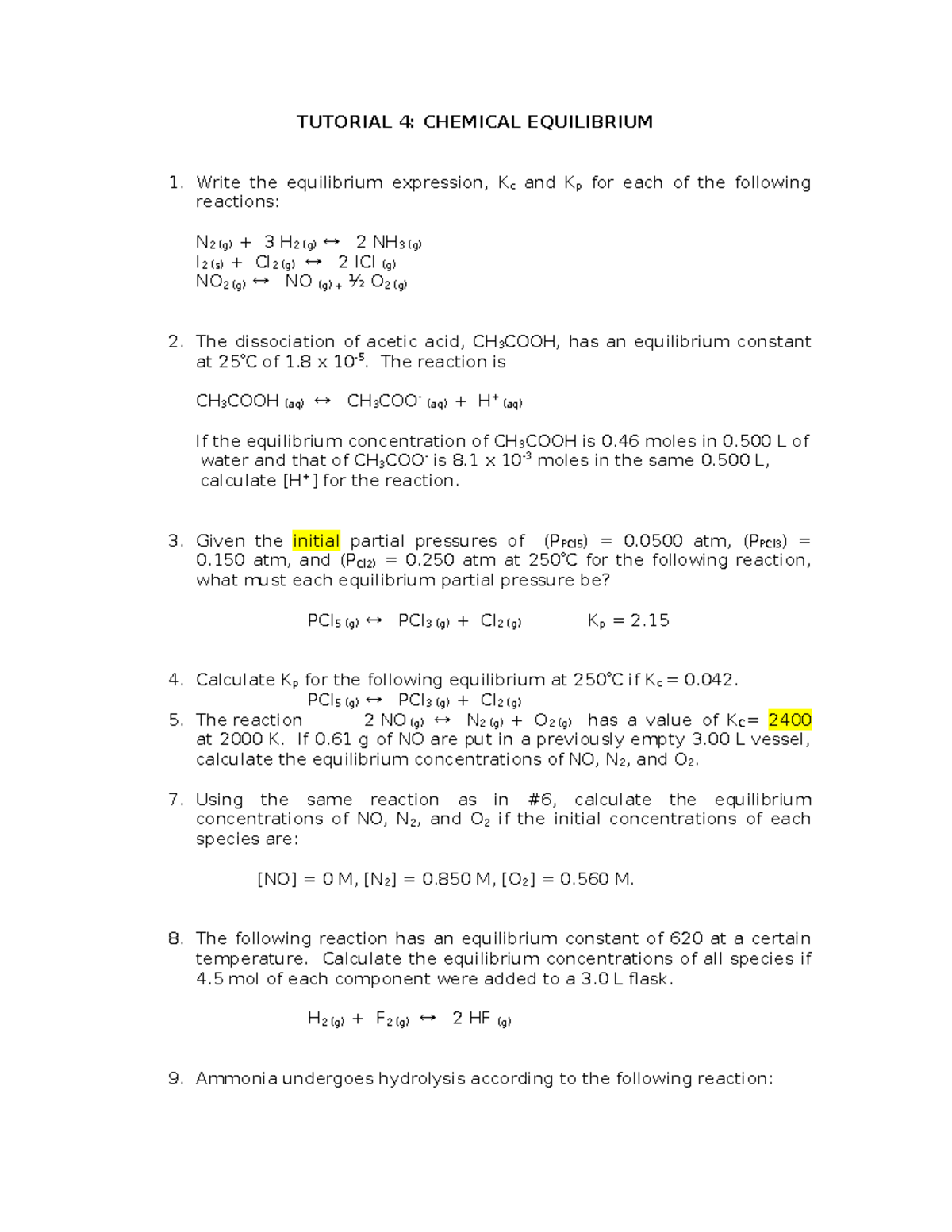 PHD124 Tutorial 4 Chemical Equilibrium - e-Commerce - UniSZA - Studocu