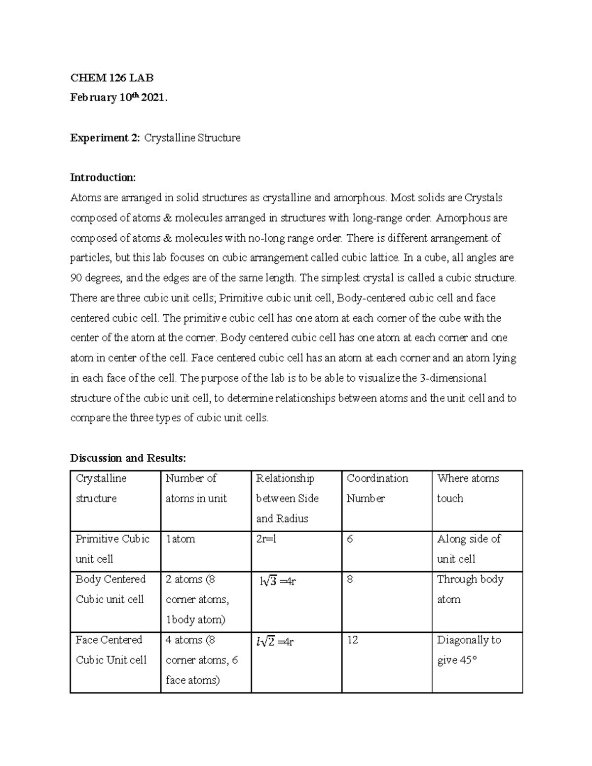 Crystalline Structure - CHEM 126 LAB February 10th 2021. Experiment 2 ...
