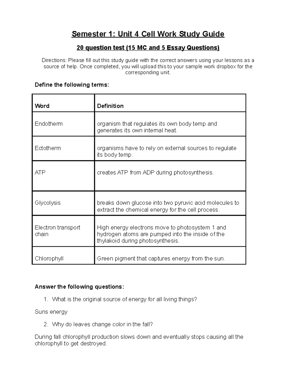 Copy of Honors Biology- Cell Work Study Guide - Semester 1: Unit 4 Cell ...