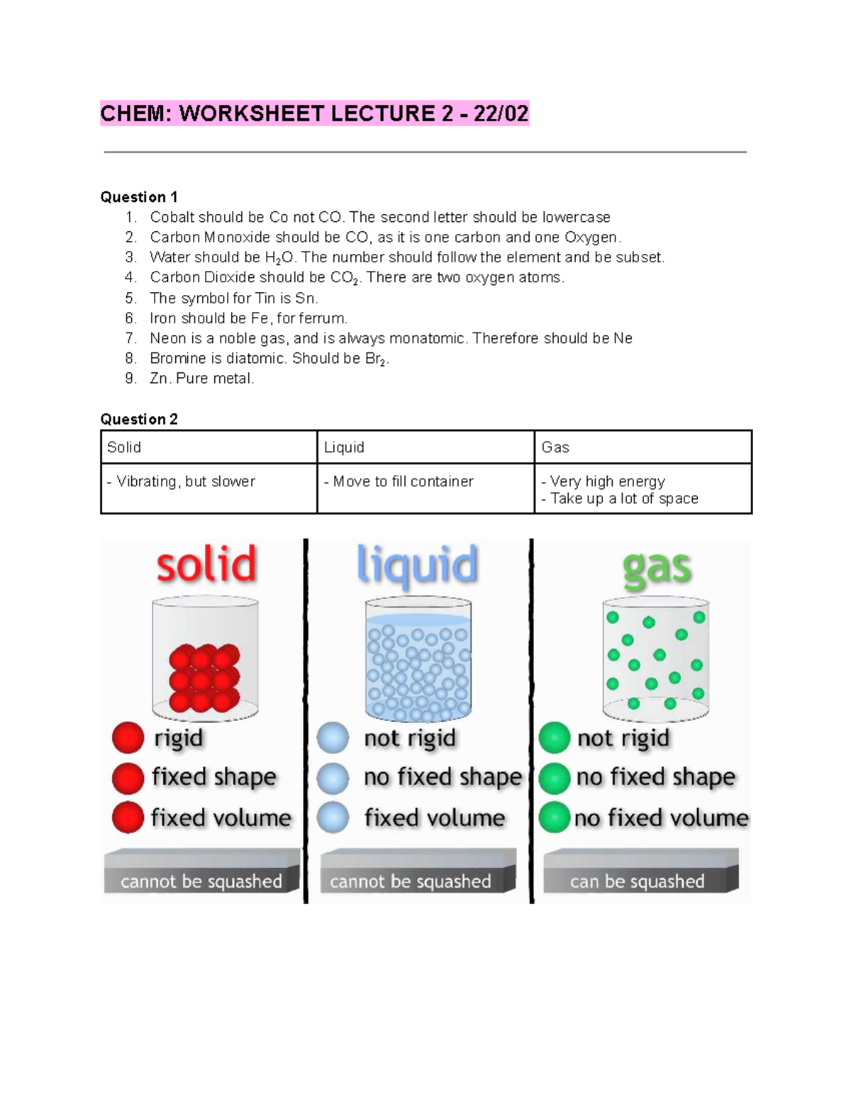 CHEM Lecture 2 Worksheet - CHEM: WORKSHEET LECTURE 2 - 22/ Question 1 1 ...