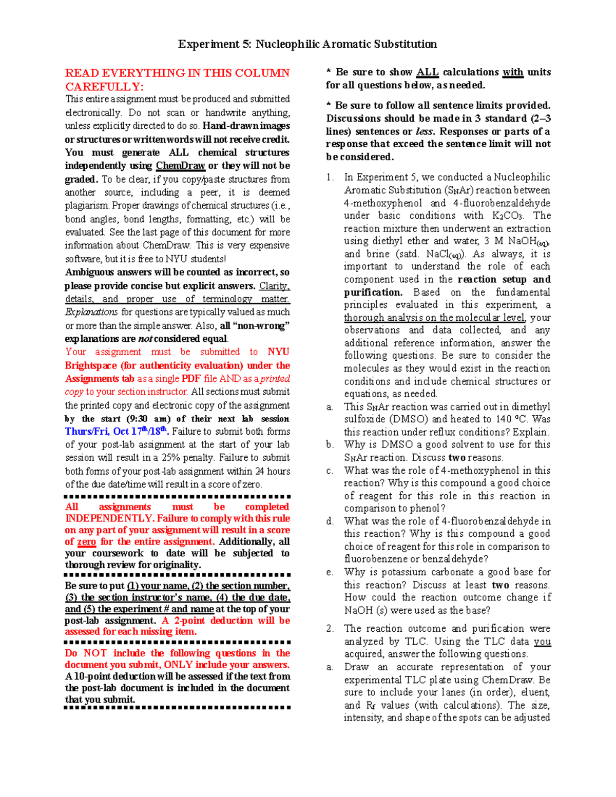 FA2024 Exp5 Nucleophilic Aromatic Substitution - Post-lab Assignment - Experiment 5 ...