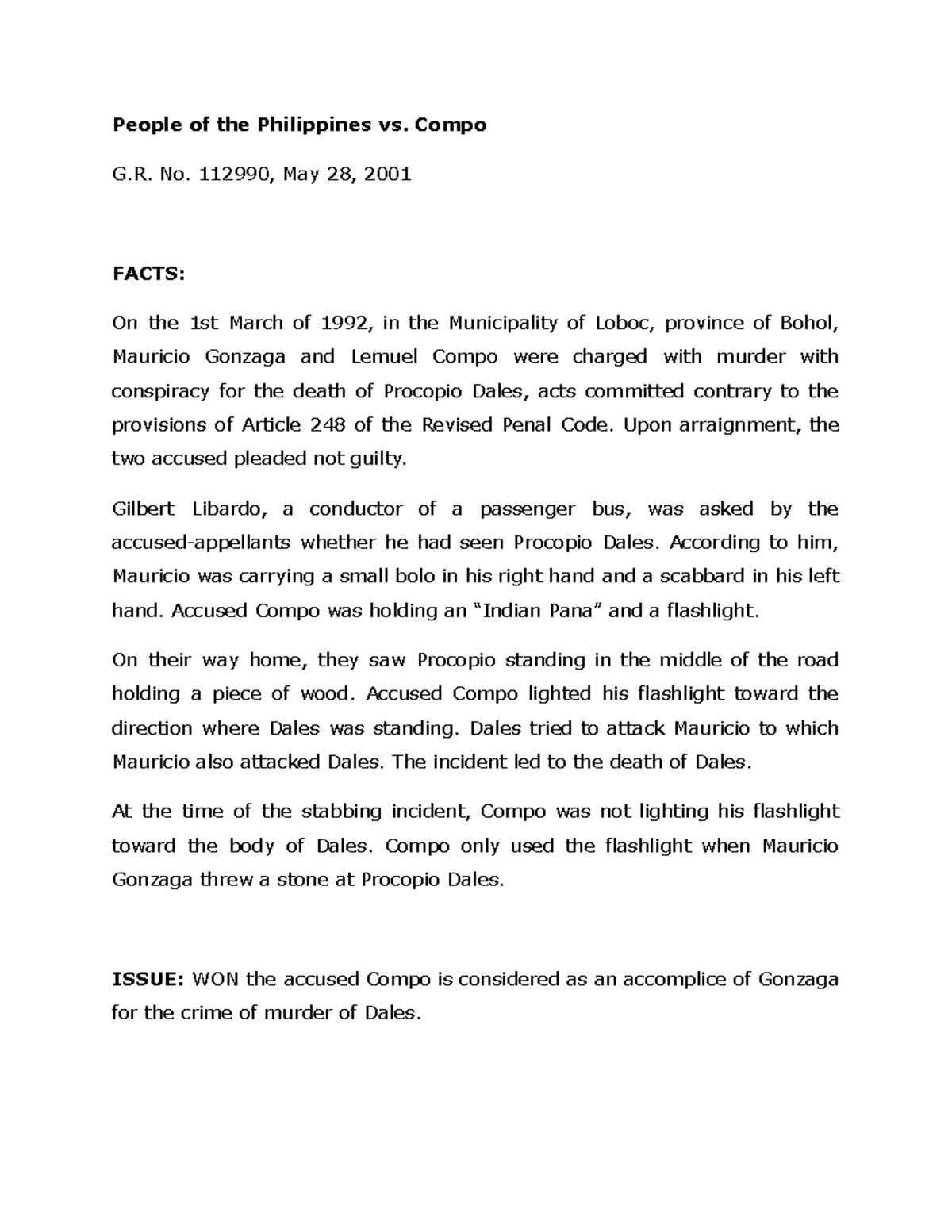 People of the Philippines vs. Compo G.R. No. 112990 (case digest ...