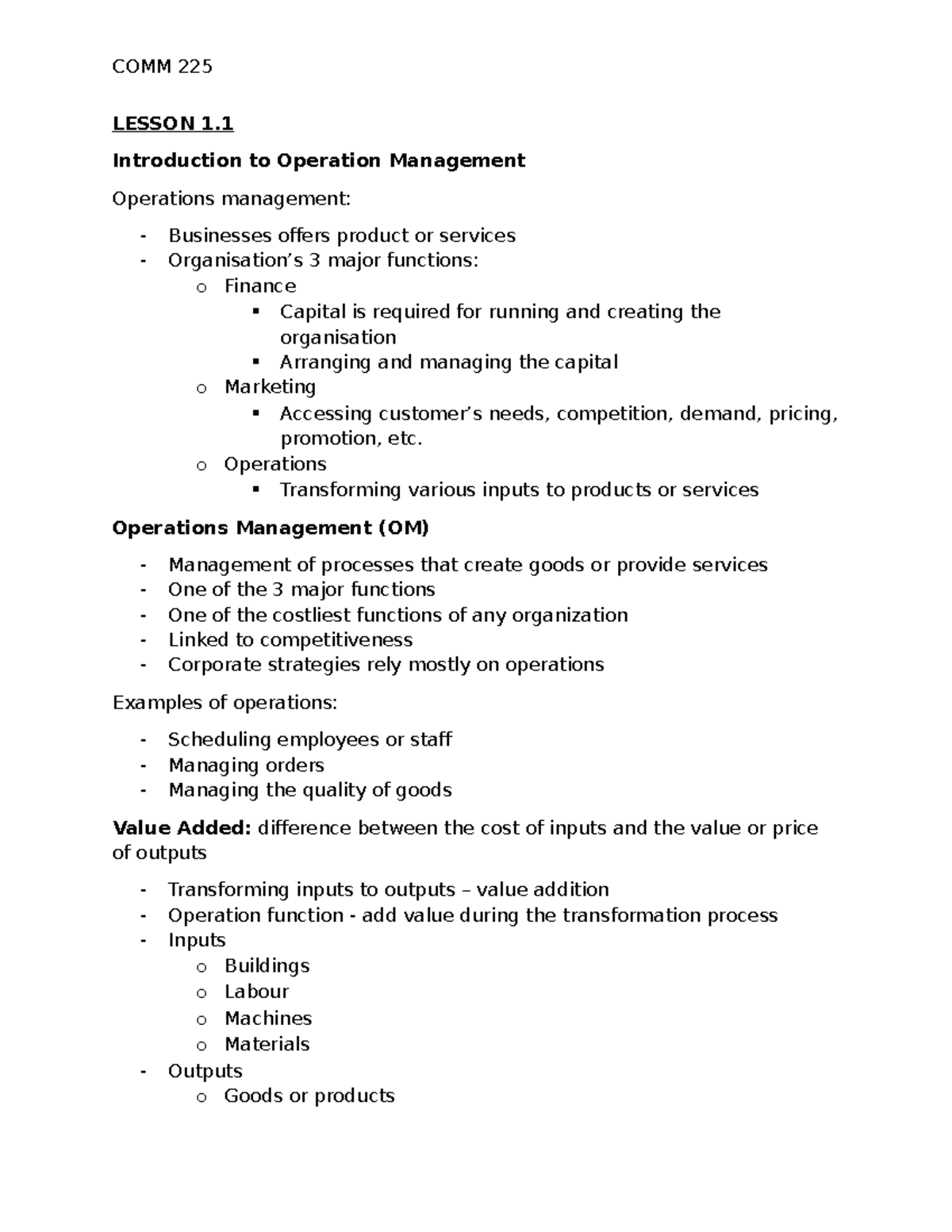 COMM 225 Lesson 1 - LESSON 1. Introduction to Operation Management Operations management ...
