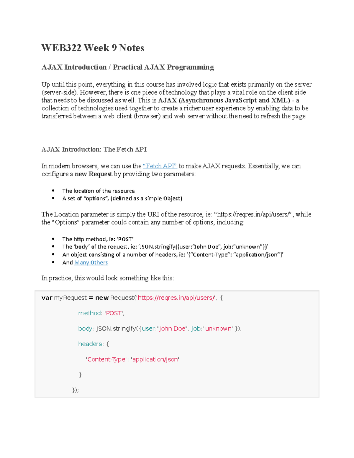 WEEK 9 WEB 322 Notes - WEB322 Week 9 Notes AJAX Introduction ...