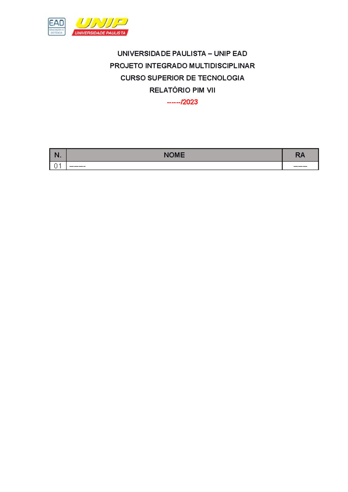 Trabalho PIM VII - UNIP. sem dados - UNIVERSIDADE PAULISTA – UNIP EAD ...