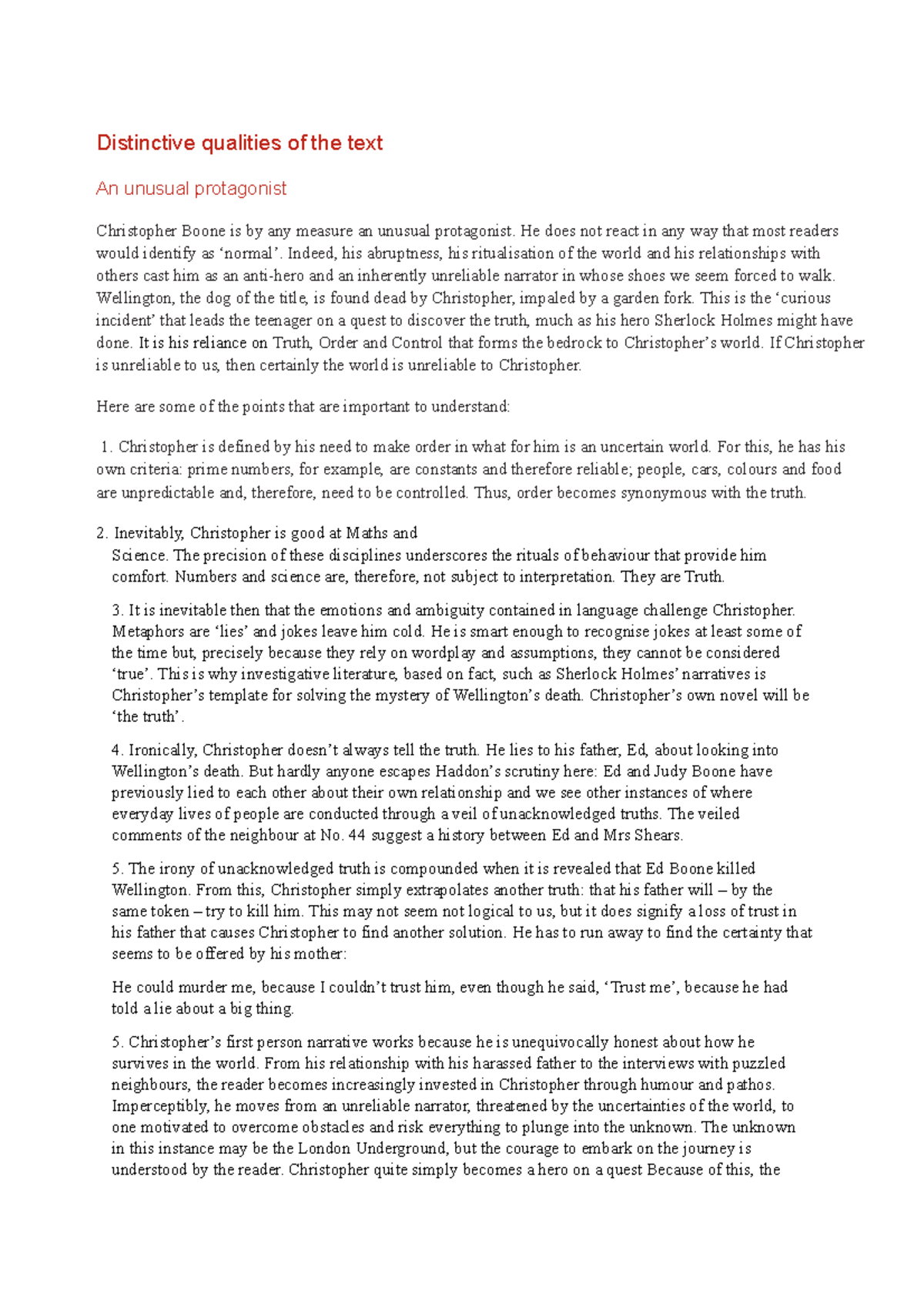 Distinctive qualities curious 2 - Distinctive qualities of the text An ...