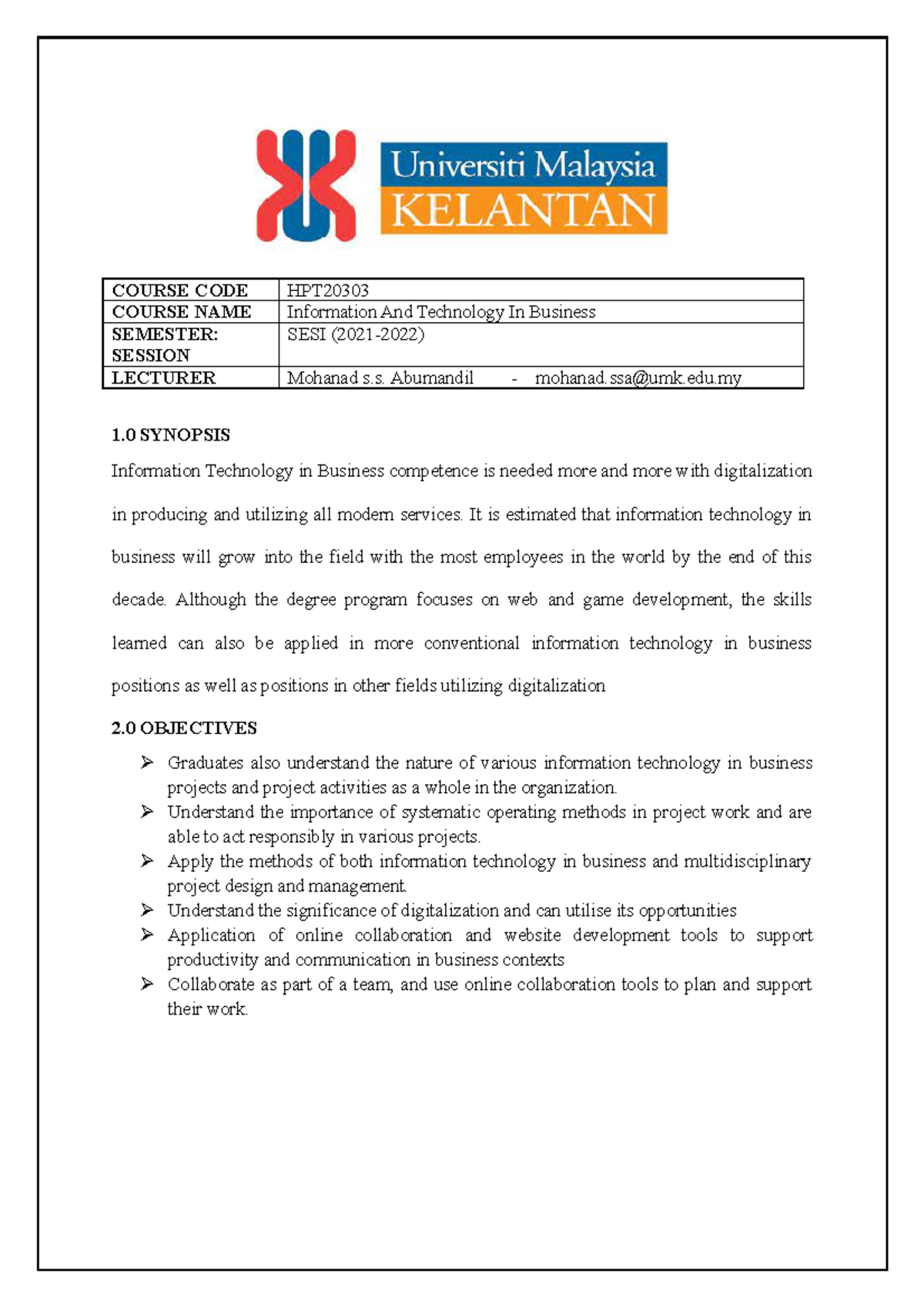 Information And Technology In Business - COURSE CODE HPT COURSE NAME ...