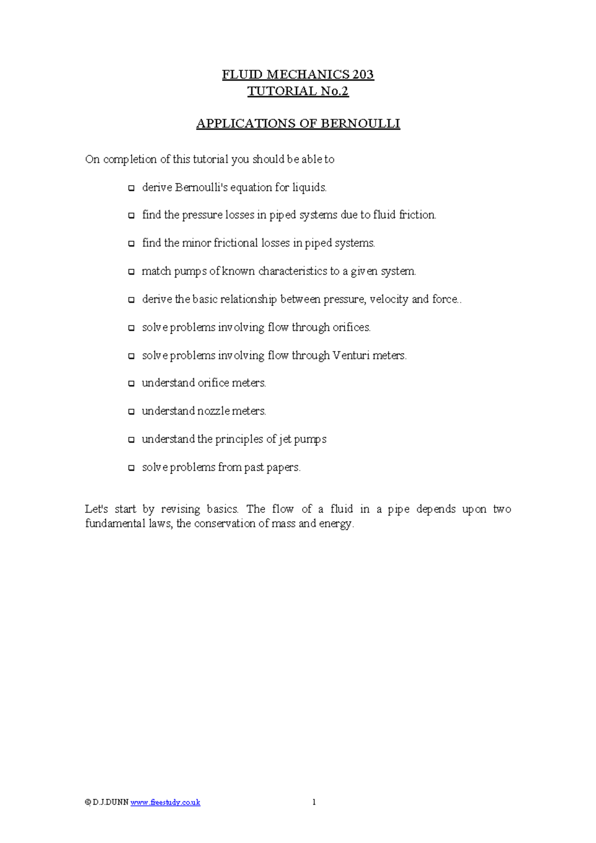 Fluid mechanics 203 tutorial no 2 - FLUID MECHANICS 203 TUTORIAL No ...
