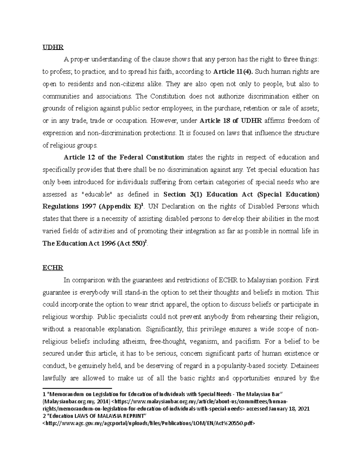 Comparision UDHR ECHR UDHR A Proper Understanding Of The Clause