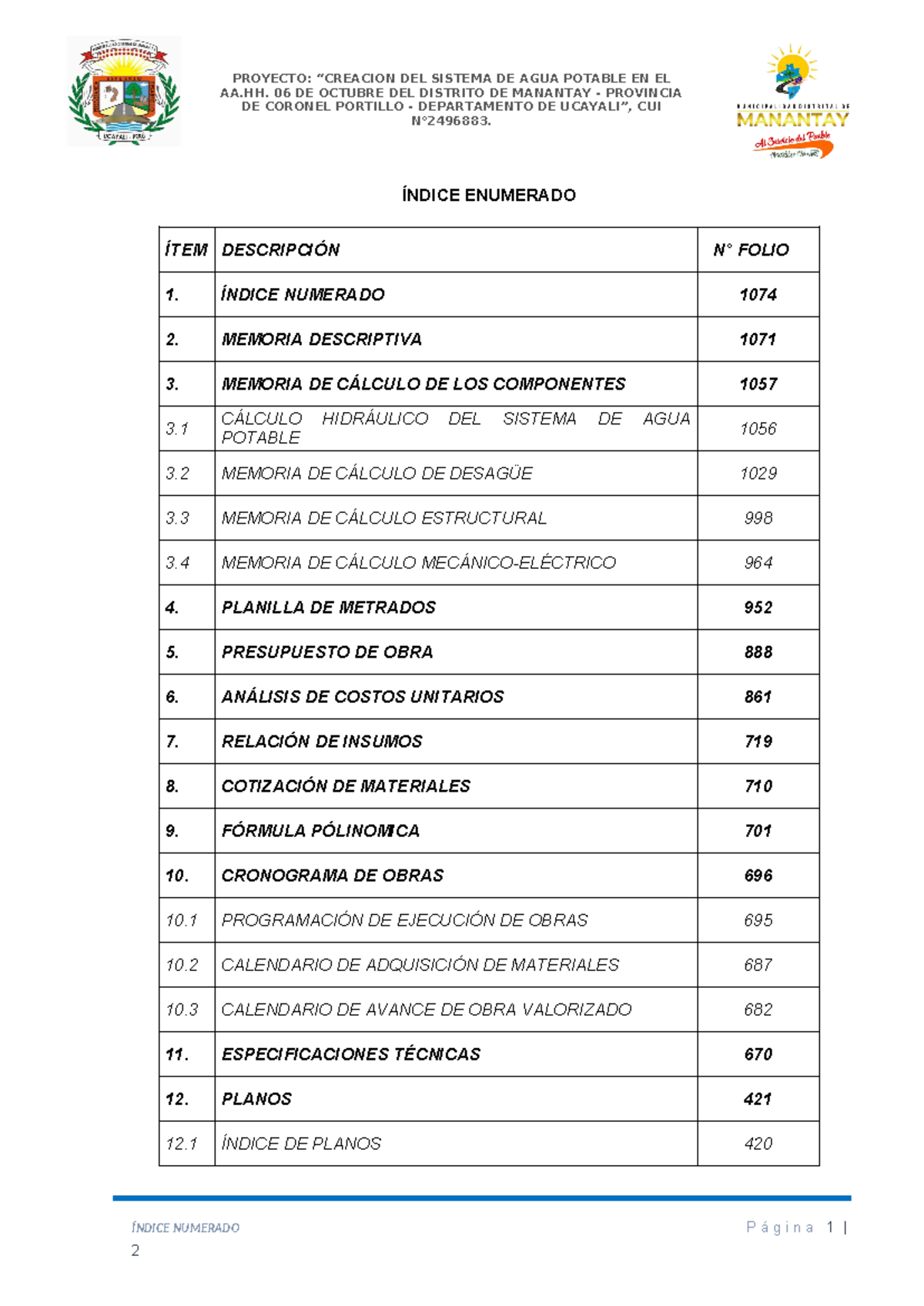 01.- Índice numerado OK - PROYECTO: “CREACION DEL SISTEMA DE AGUA POTABLE EN EL AA. 06 DE ...