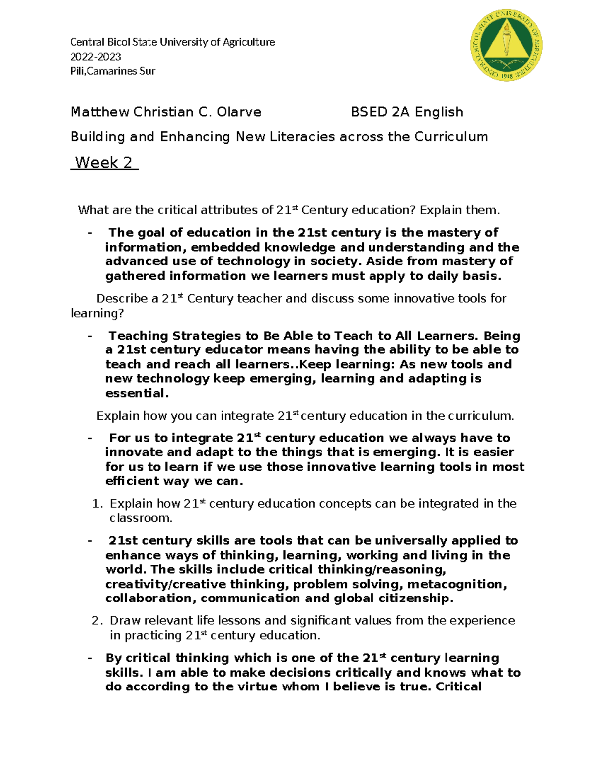 21st century skills - EDUC 7 NOTES - 2022- Pili,Camarines Sur Matthew ...