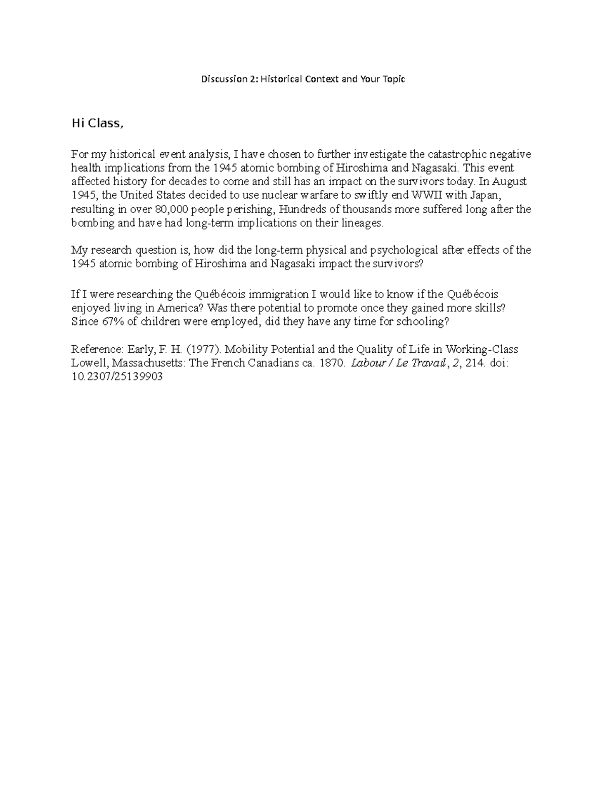 HIS 200 - Discussion Board 2 Historical Context and Your Topic ...