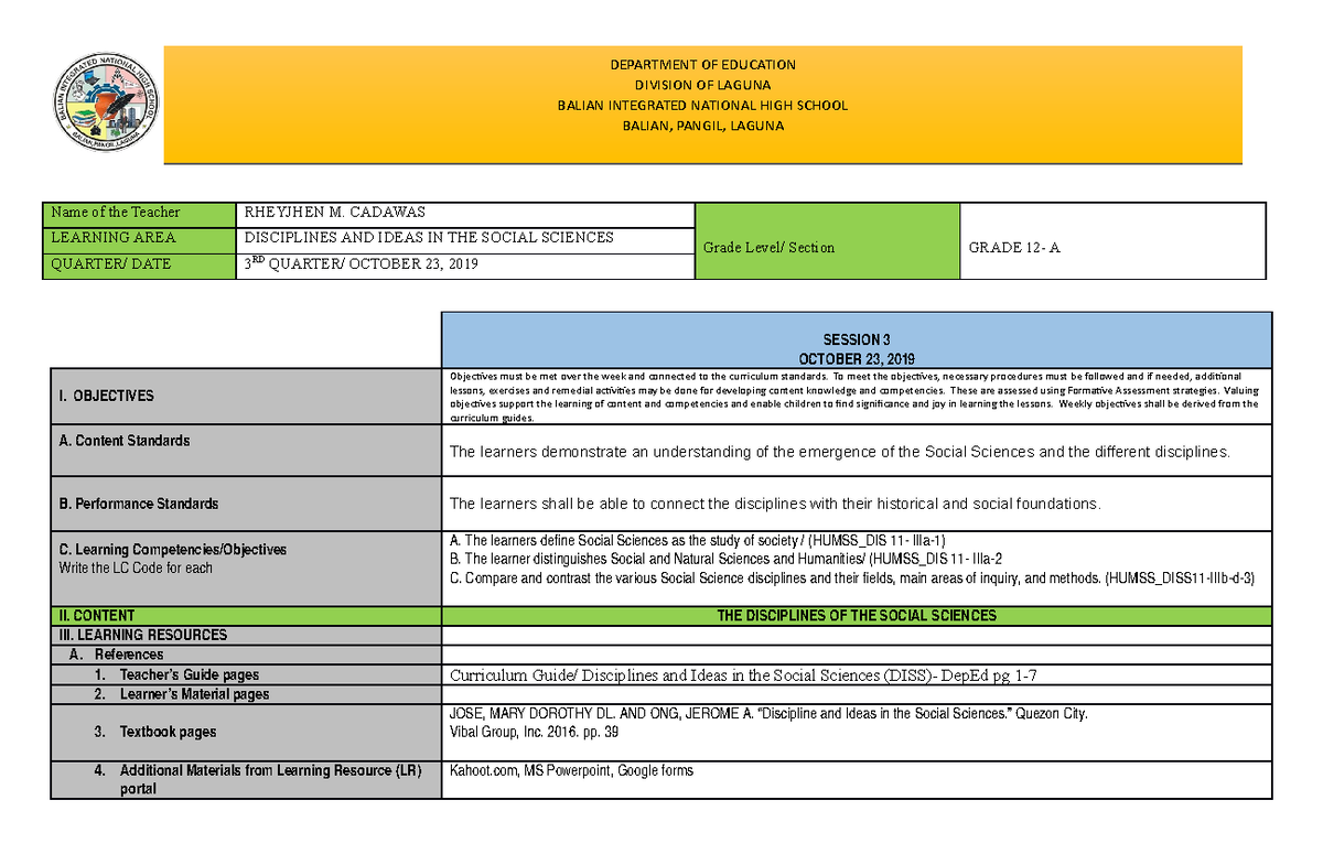 DLL INset - Lecture notes 1 - Name of the Teacher RHEYJHEN M. CADAWAS ...
