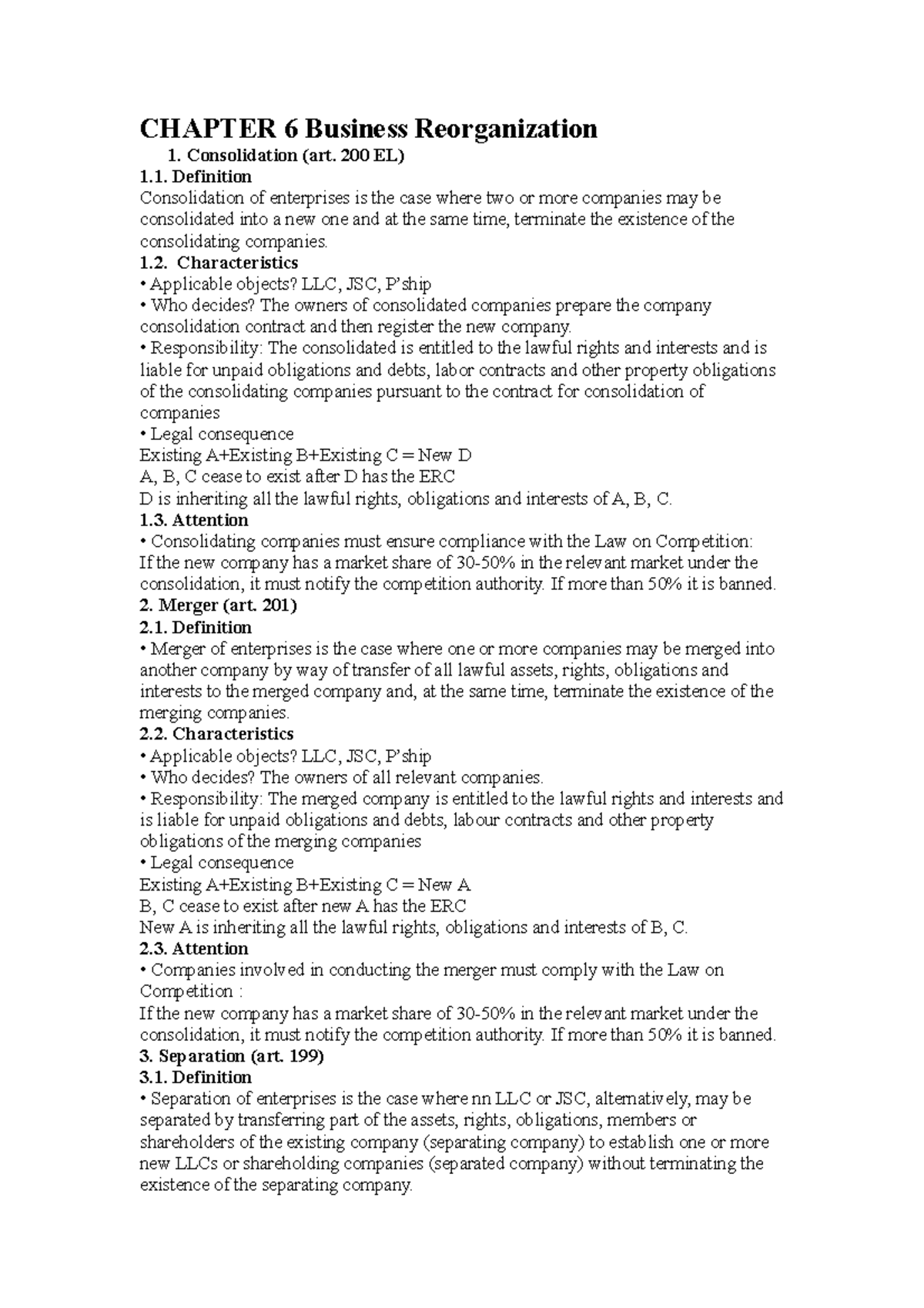 Chapter 6 + 7 - notes - CHAPTER 6 Business Reorganization Consolidation ...