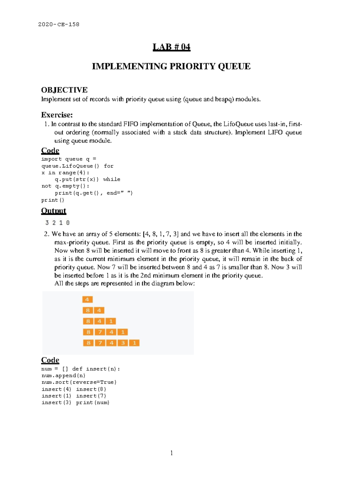 AI L4 - lab - 1 2020-CE- LAB # 04 IMPLEMENTING PRIORITY QUEUE OBJECTIVE Implement set of records ...