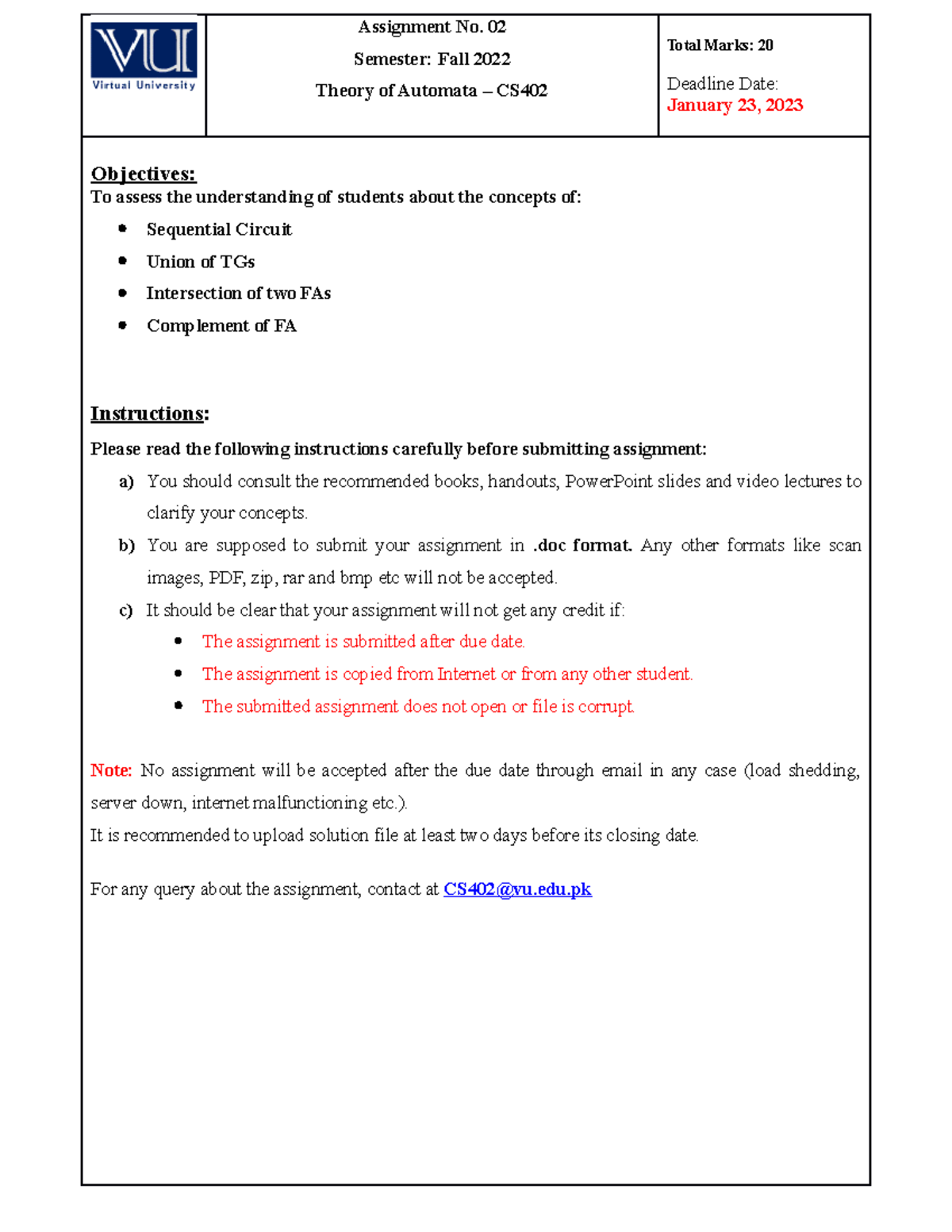 Fall 2022 CS402 2 - asdfasdfasd - Assignment No. 02 Semester: Fall 2022 Theory of Automata – CS ...