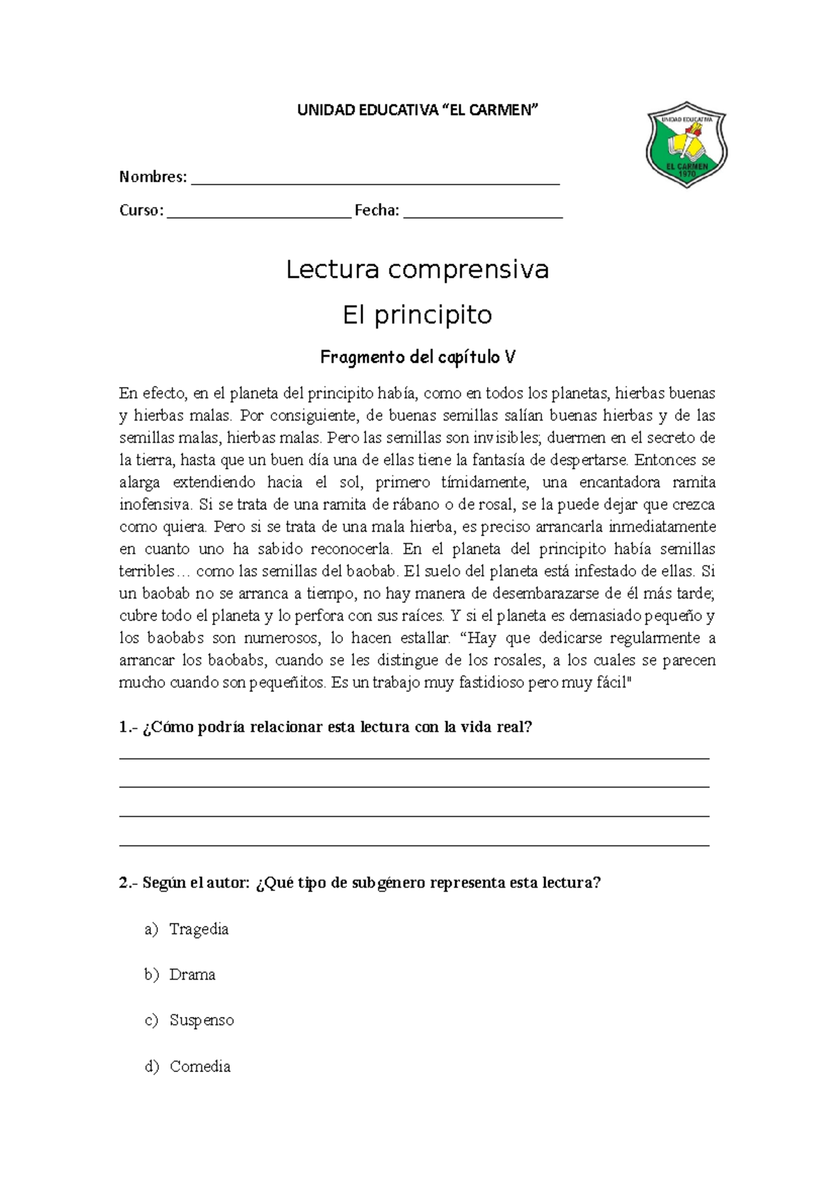 Tercero C - Cualquier pregunta - UNIDAD EDUCATIVA “EL CARMEN” Nombres ...