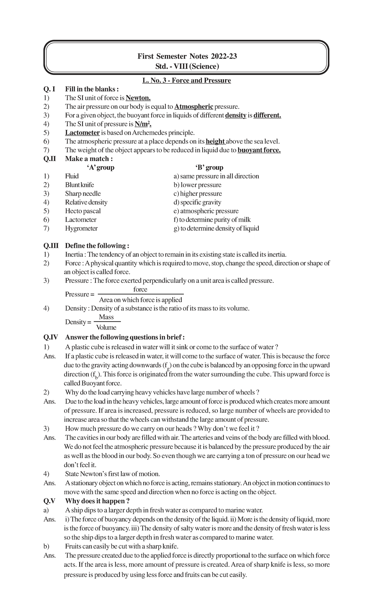 Std VIII Science Lessons L NO 3 AND L NO 4 For M First Semester