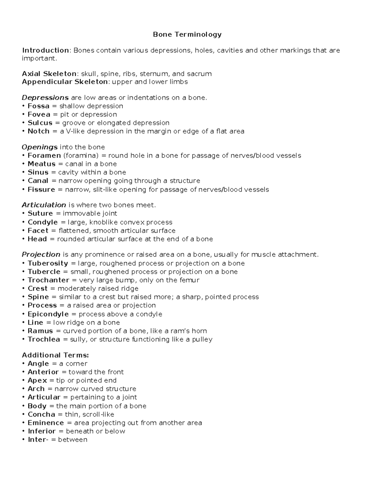 Bone Terminology key-1 - Bone Terminology Introduction: Bones contain ...
