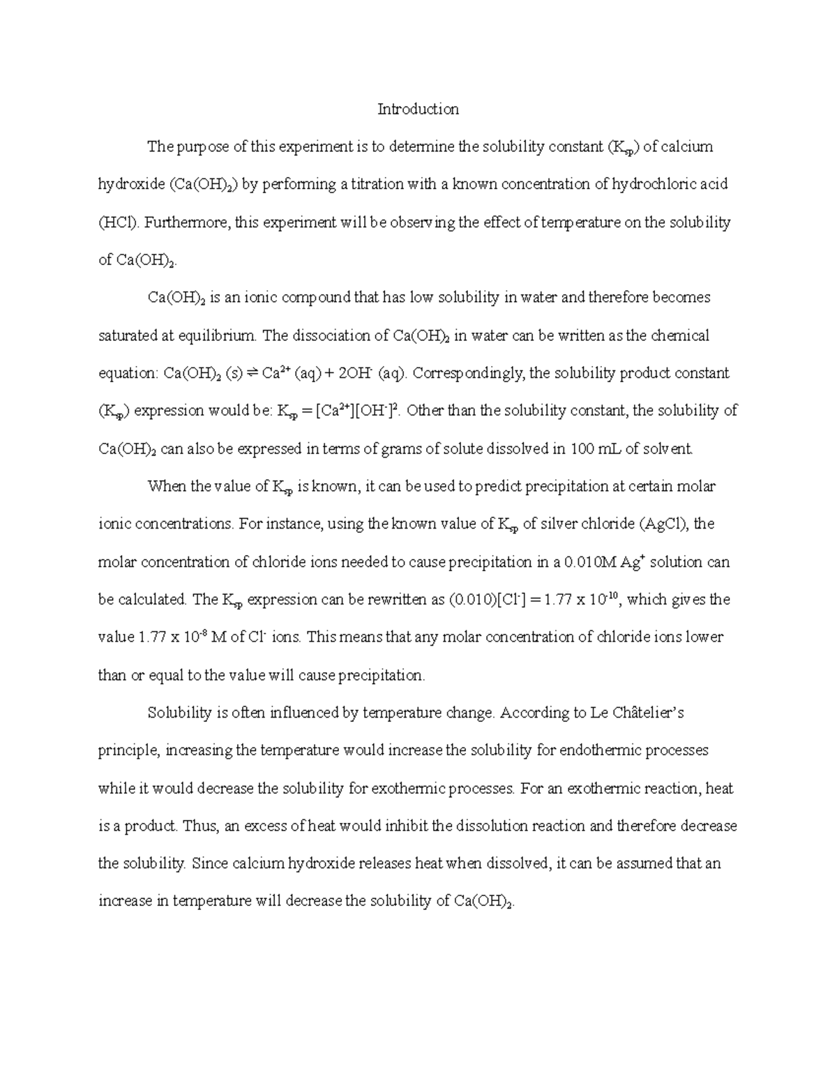Solubility Lab - Introduction The purpose of this experiment is to ...