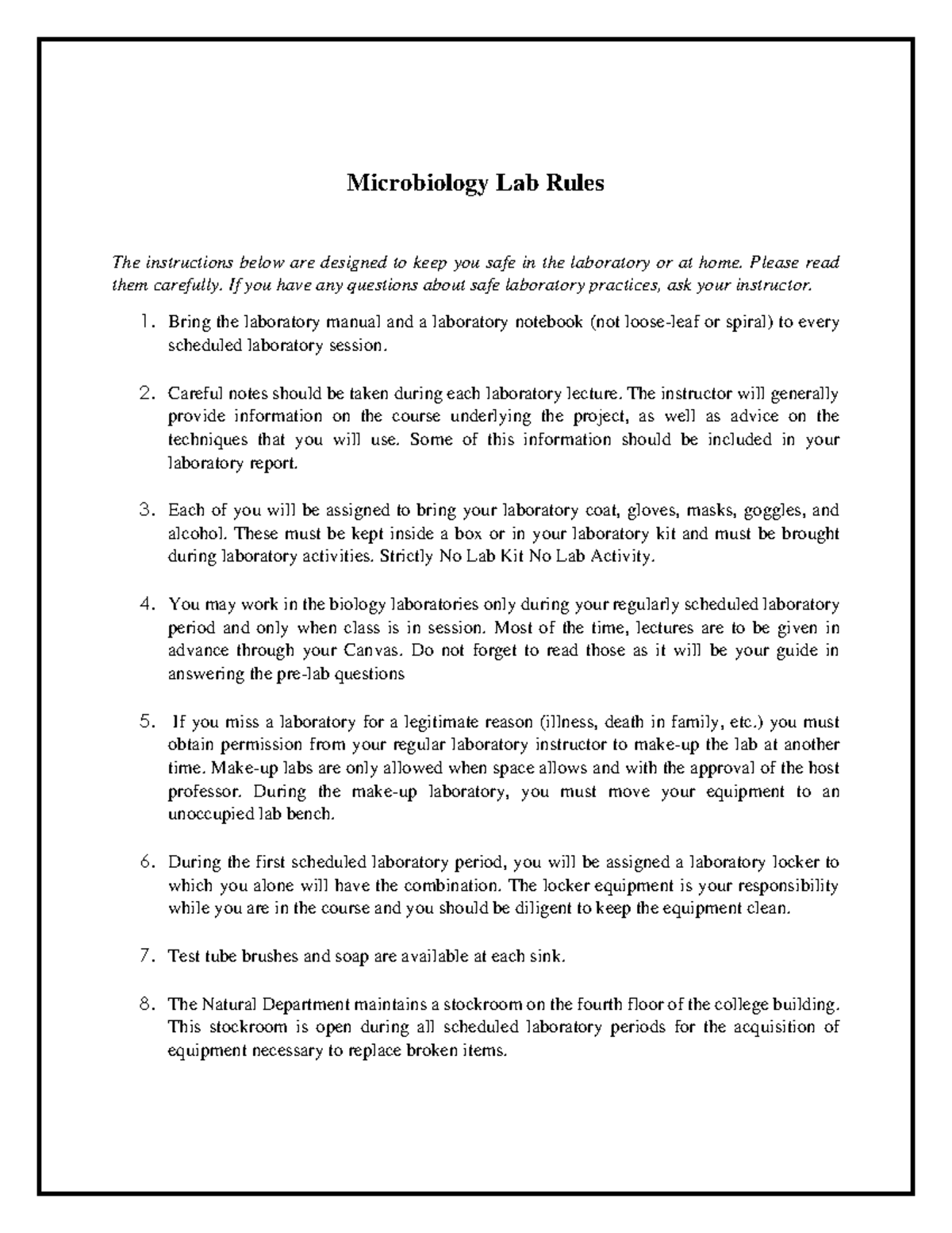 Microbiology Lab Rules and Safety - Microbiology Lab Rules The ...