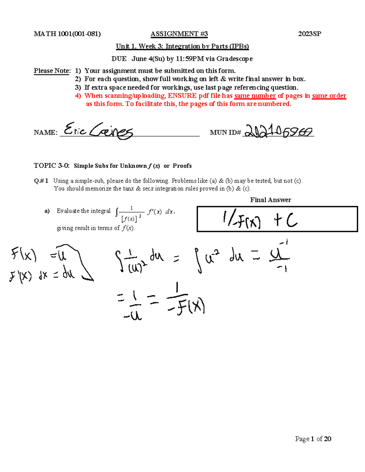 M1001 A3 Written finished - Math 1001 - Memorial University - Studocu