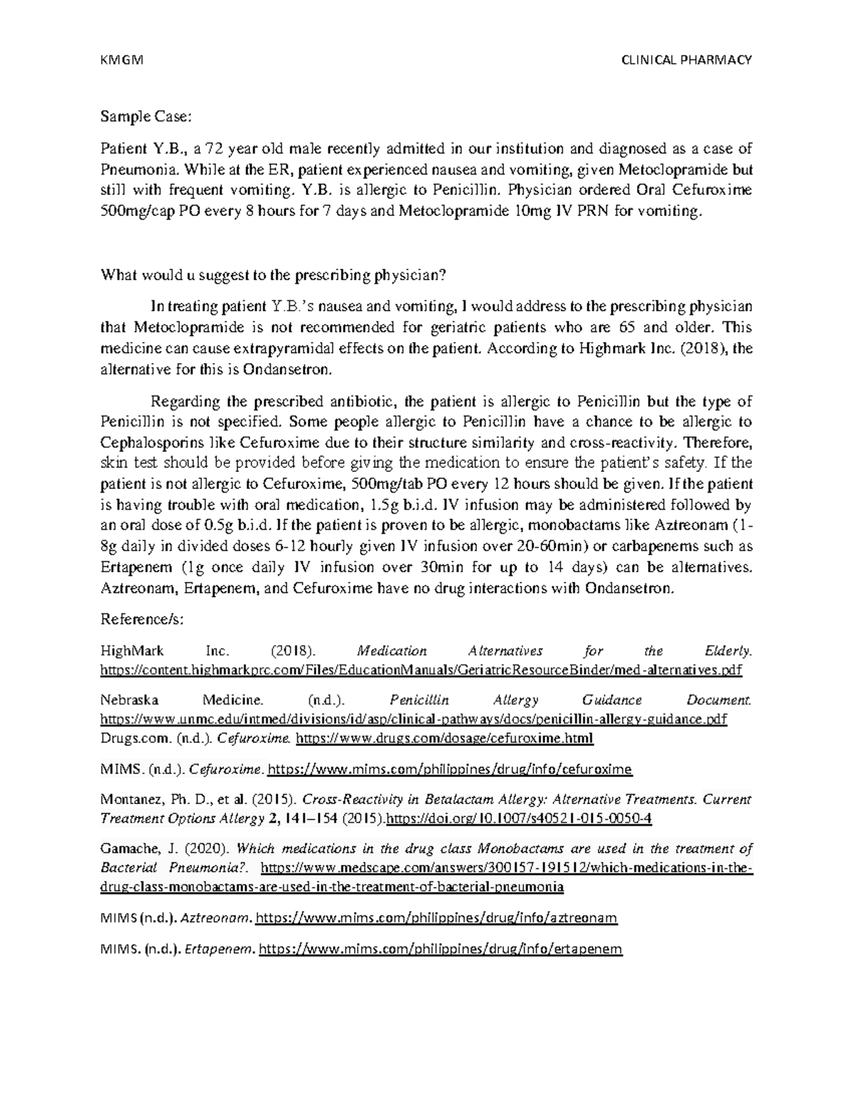 Clinical Pharmacy Sample Case with Answer - KMGM CLINICAL PHARMACY ...