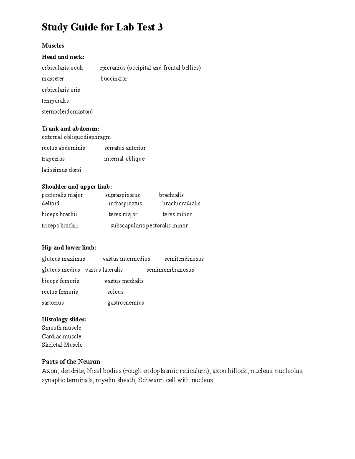 1551 Lab Test 3 Study Guide v2 - Study Guide for Lab Test 3 Muscles ...