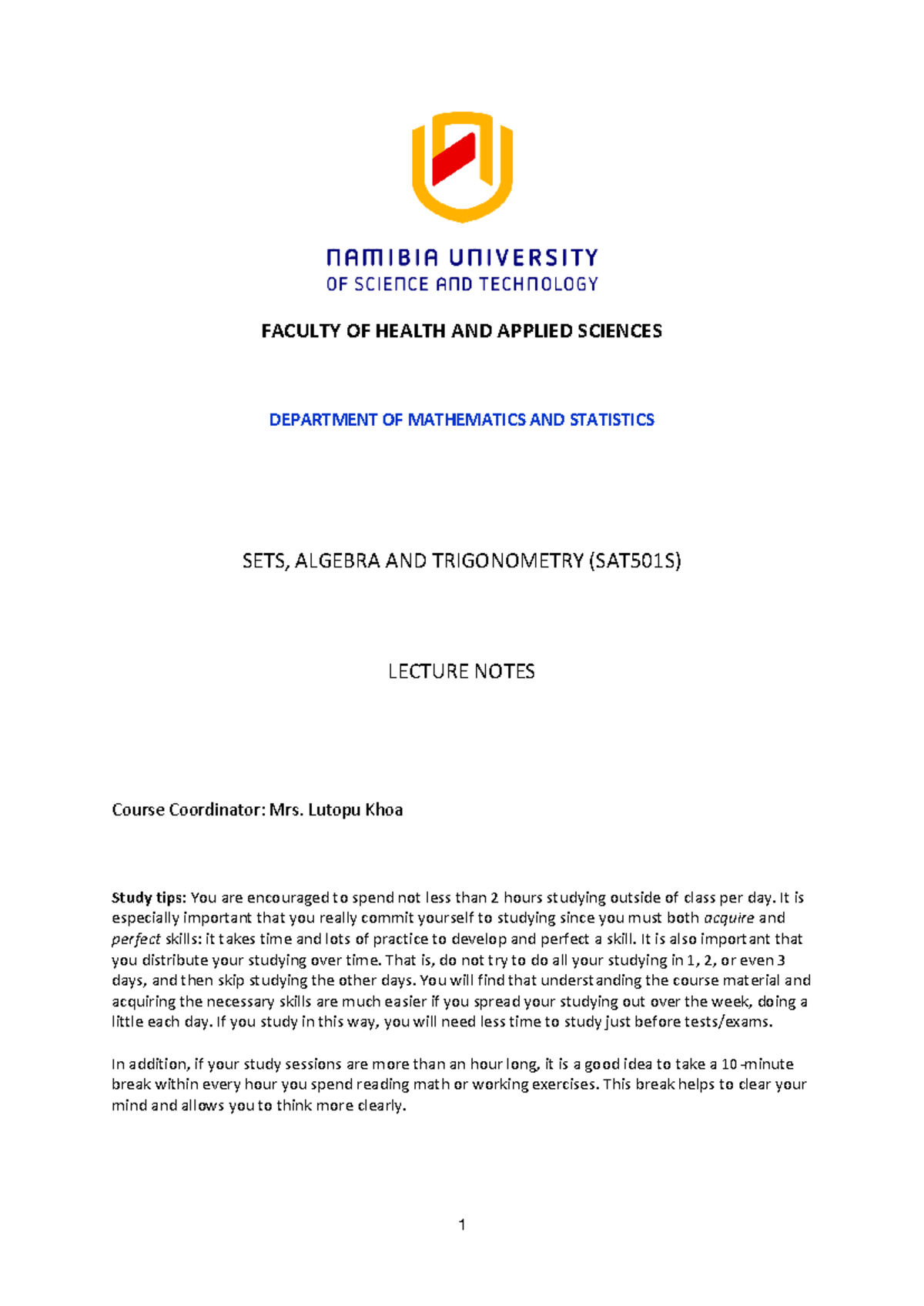 Unit 4, Sequence and Series - FACULTY OF HEALTH AND APPLIED SCIENCES ...