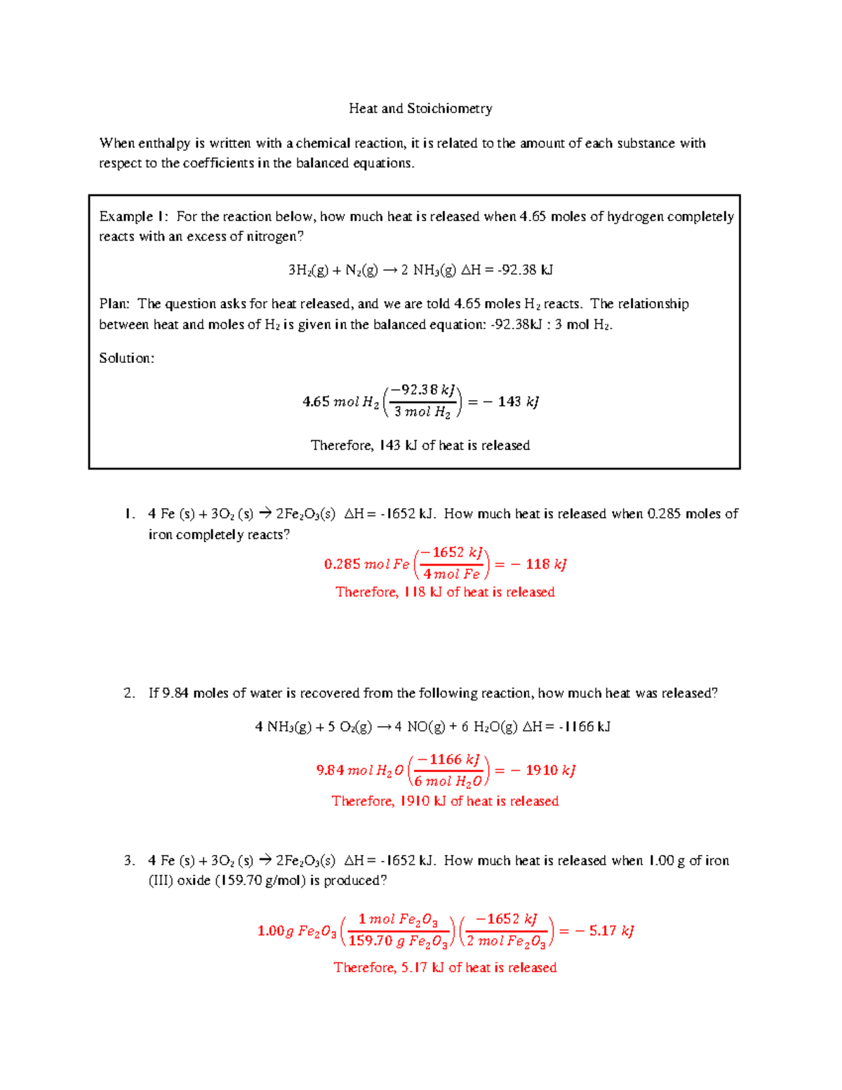 9.d Energy and Stoichiometry Key - Heat and Stoichiometry When enthalpy ...