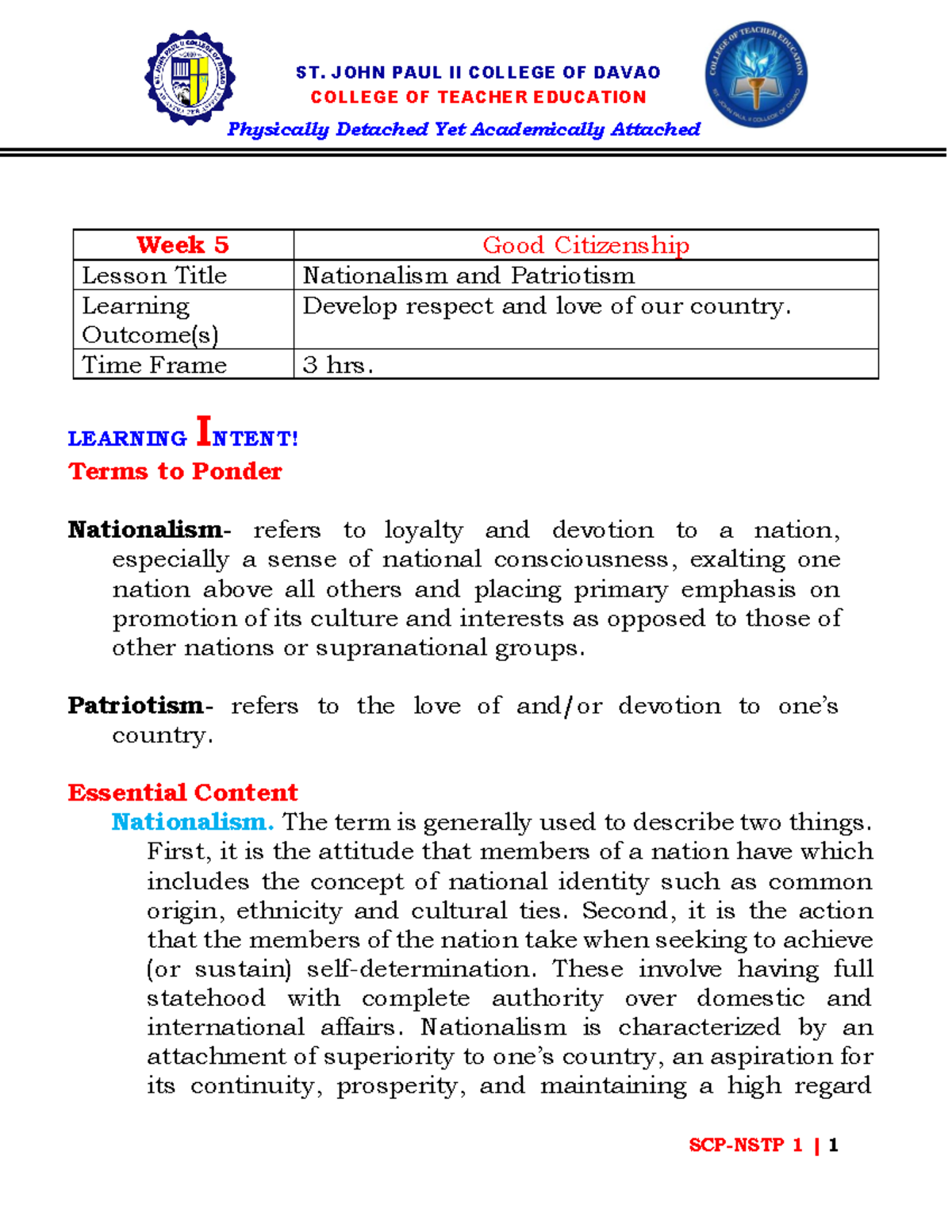 SCP-NSTP 1- Week 5 - NCP - COLLEGE OF TEACHER EDUCATION Physically ...