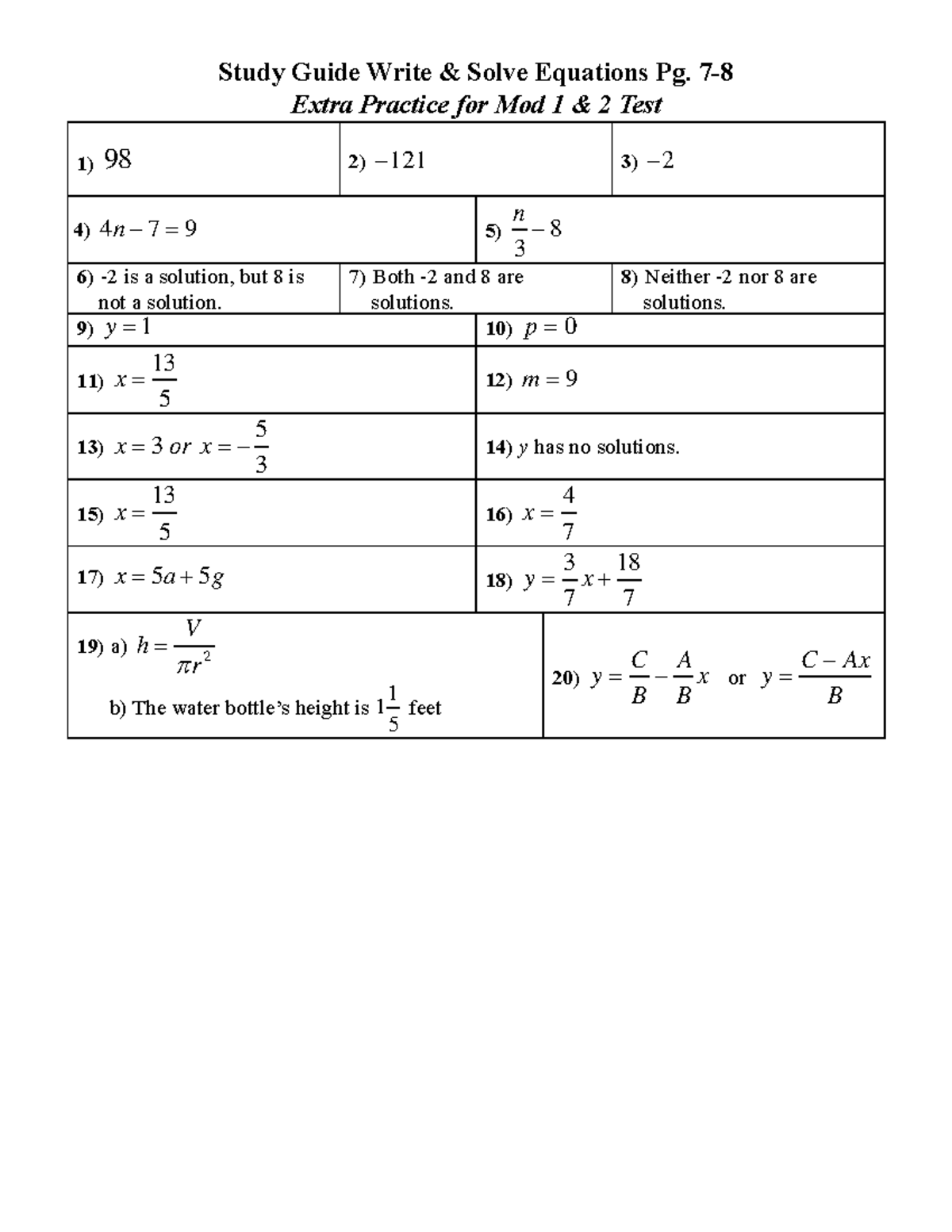 KEY Study Guide W&SE Pg. 7-8 - Study Guide Write & Solve Equations Pg ...