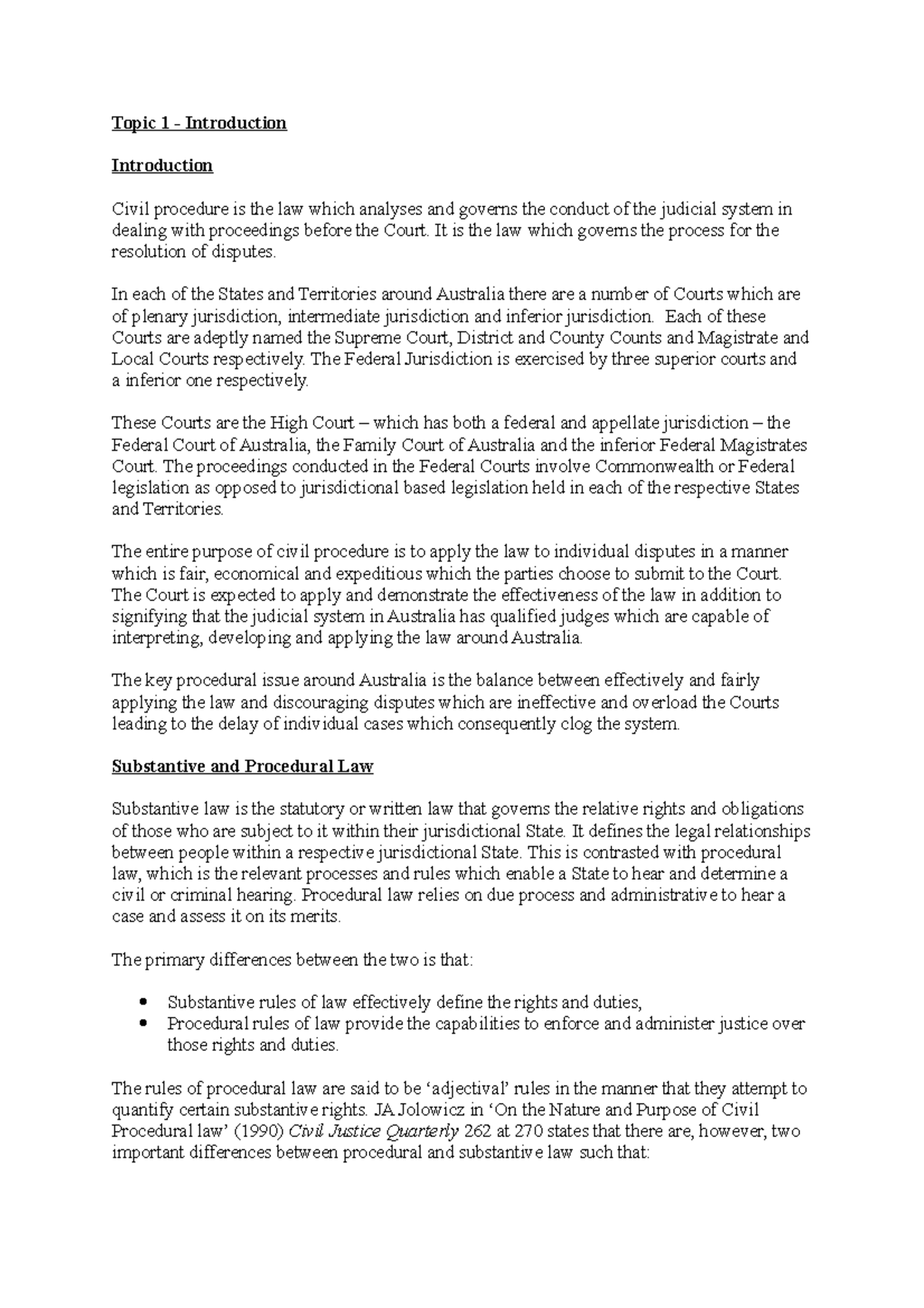 Civil Procedure Summary - Topic 1 Introduction Introduction Civil ...