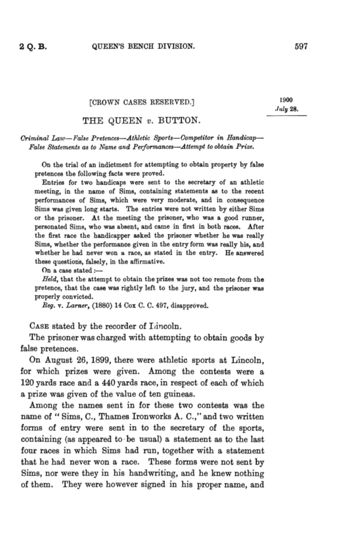 R v Button - Criminal law 2 case - 2Q. QUEEN’S BENCH DIVISION. 597 ...